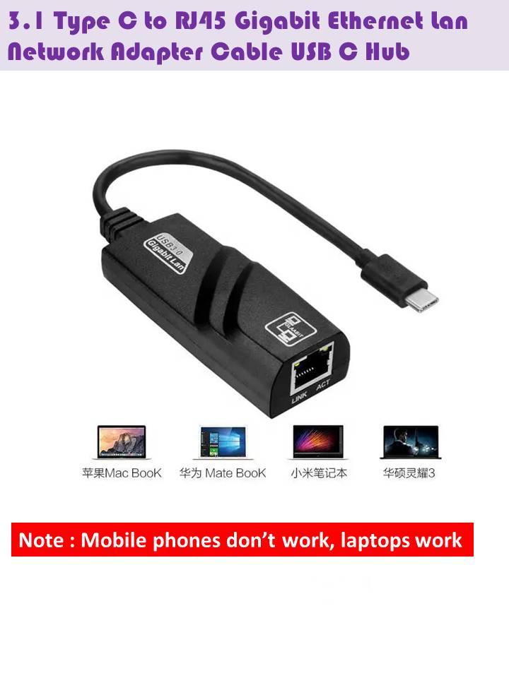3.1 Type C to RJ45 Gigabit Ethernet Lan Network Adapter Cable USB C Hu ...